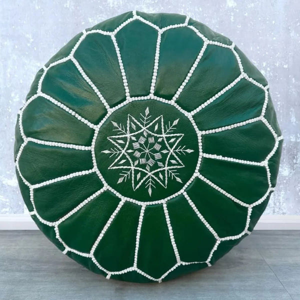 Green Natural Leather Arabic Pouf